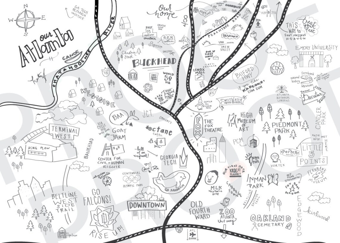 Handrawn Map of Atlanta, Cartoon Map, Line Map of Atlanta, Whimsical ...
