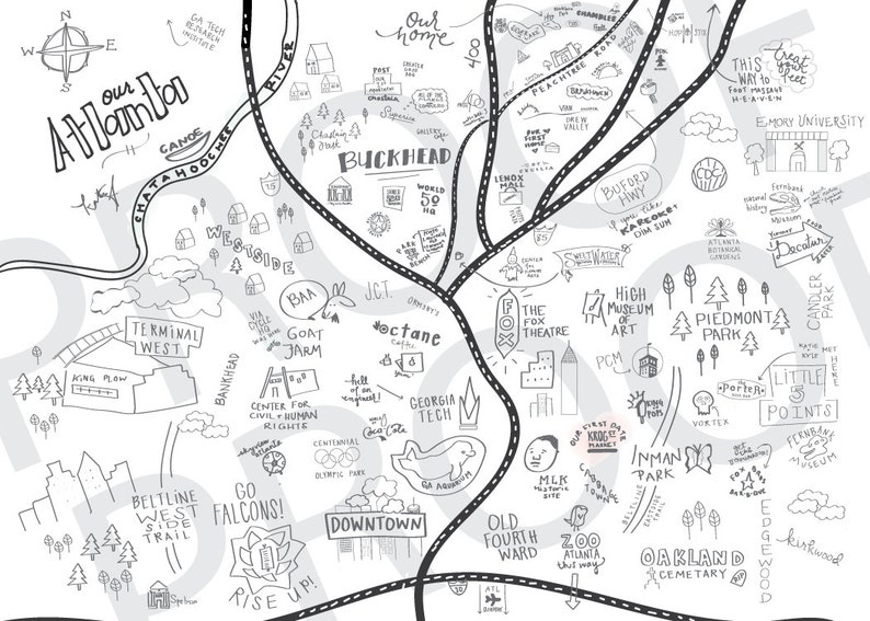 Handrawn Map of Atlanta, Cartoon Map, Line Map of Atlanta, Whimsical ...