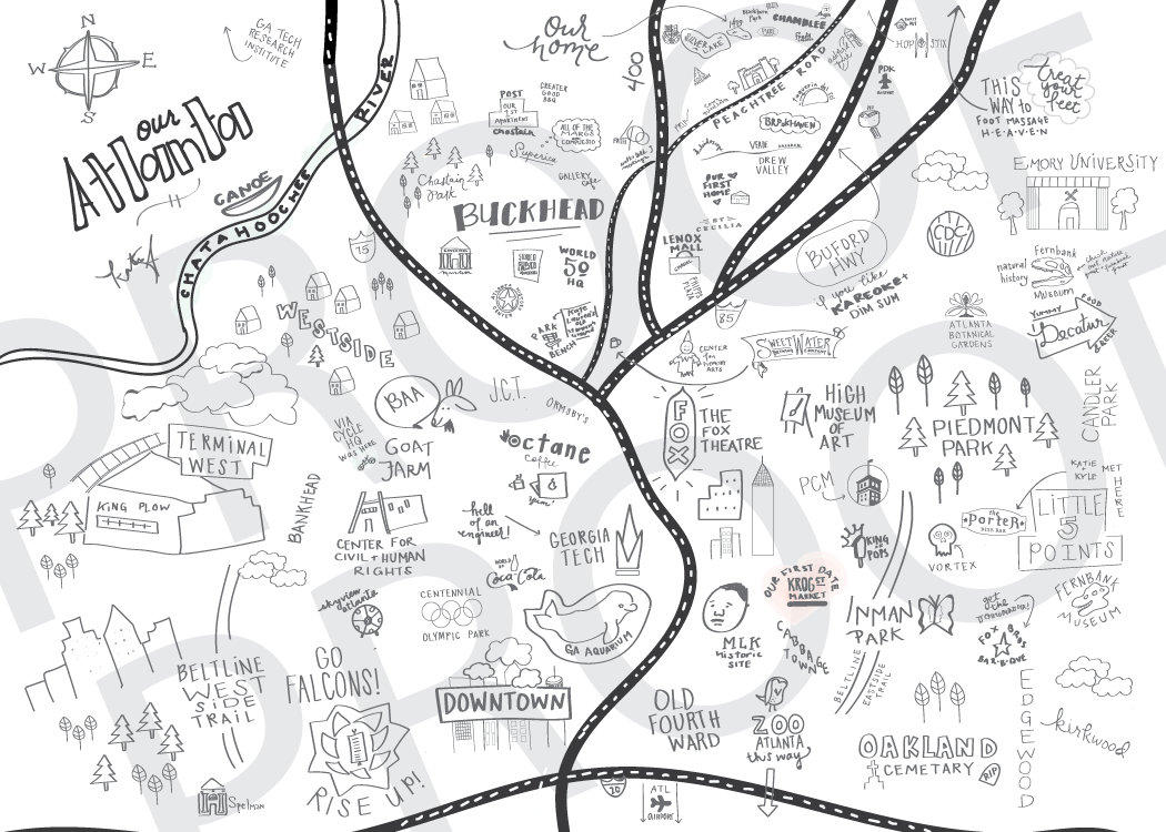 Handrawn Map of Atlanta, Cartoon Map, Line Map of Atlanta, Whimsical ...