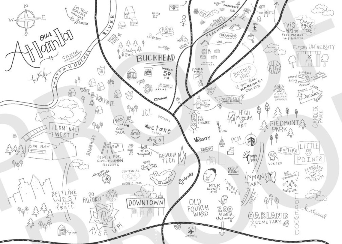 Handrawn Map of Atlanta, Cartoon Map, Line Map of Atlanta, Whimsical ...