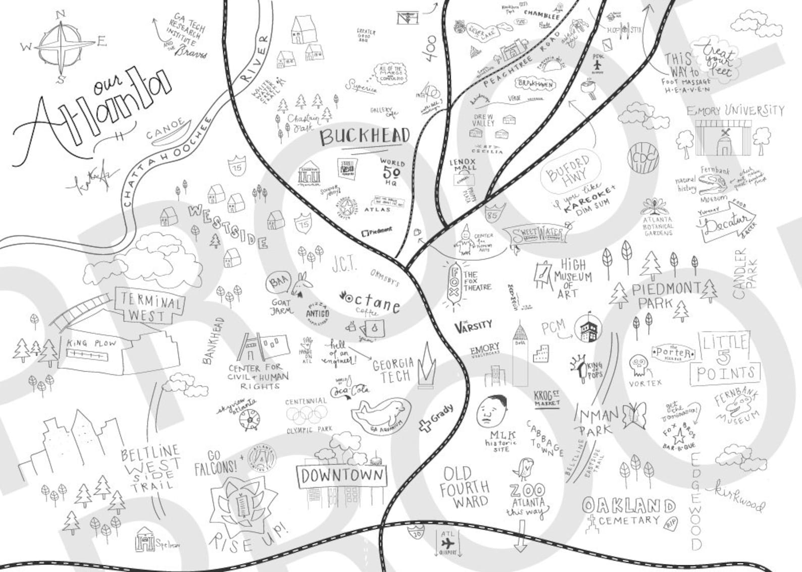 Handrawn Map of Atlanta, Cartoon Map, Line Map of Atlanta, Whimsical ...