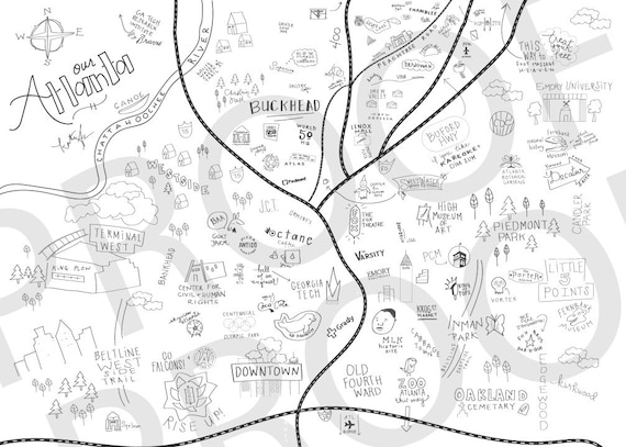Handrawn Map of Atlanta Cartoon Map line map of atlanta | Etsy