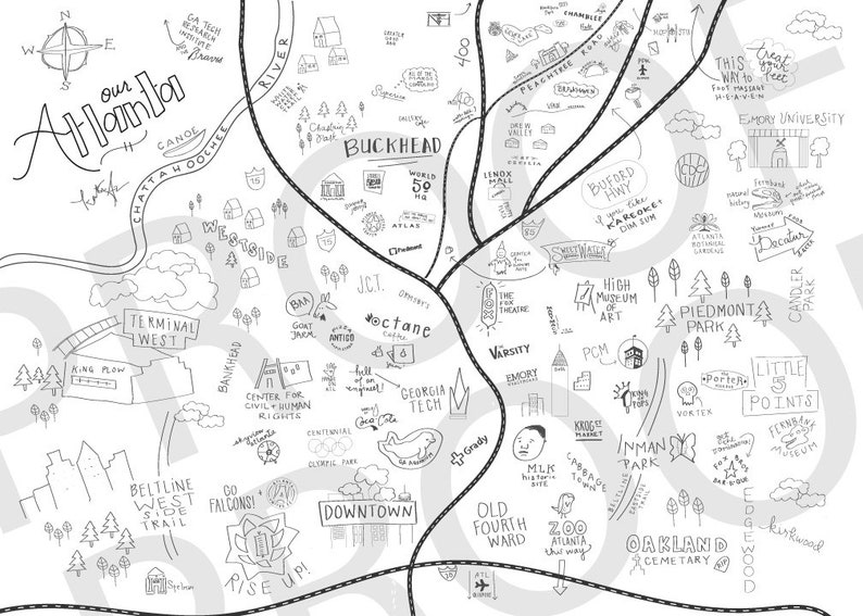 Handrawn Map of Atlanta, Cartoon Map, Line Map of Atlanta, Whimsical ...