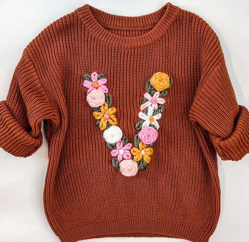 Flower Initial Sweaterpersonalized Hand Embroidered Initial - Etsy