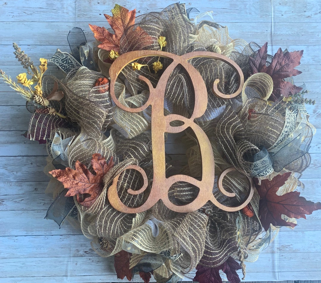 Fall Burlap Wreath With Wood Monogram - Front Door Decor - Etsy