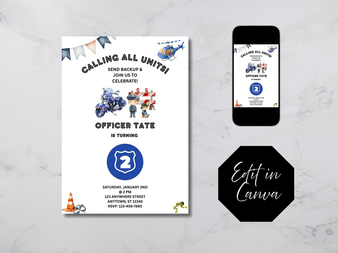 Party Invite, Police Officer Theme, Boy or Girl Birthday Party ...