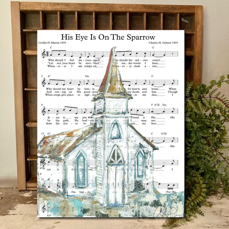 His Eye is on the Sparrow Canvas Art Print, Hymn Sheet Art, Christian ...