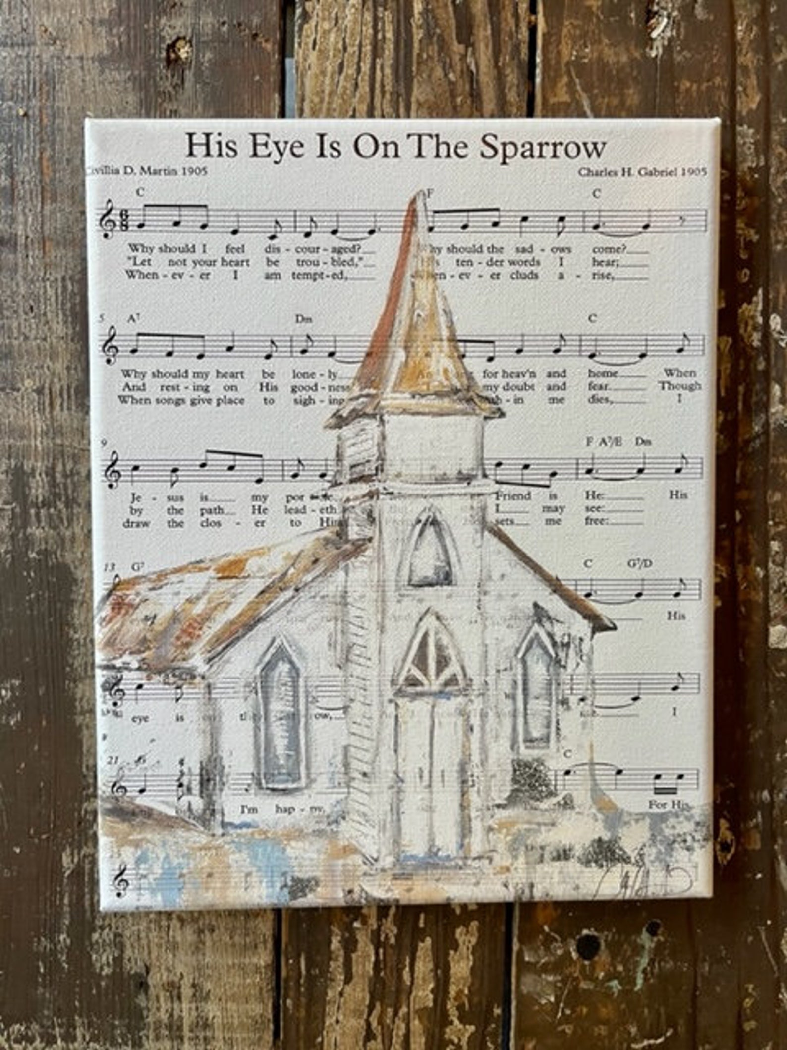 His Eye is on the Sparrow Canvas Art Print, Hymn Sheet Art, Christian ...