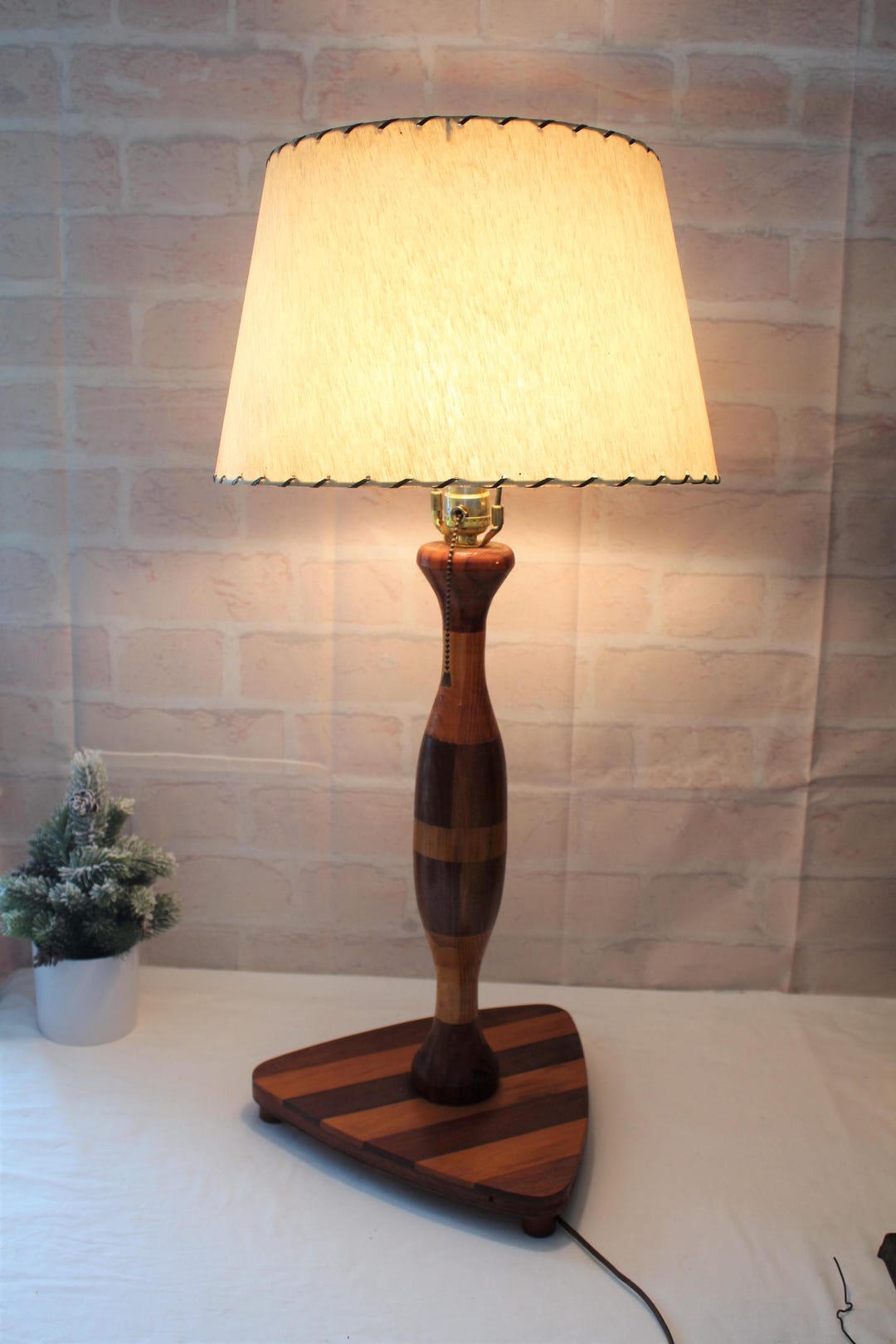 1970’s MCM Wood Parquetry Table Lamp With Original Fiberglass Shade ...