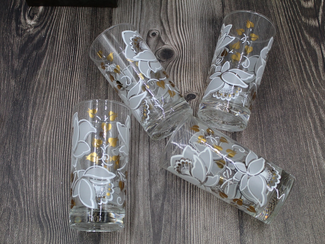 1970's GOLD WHITE GLASSWARE, Vintage Set of 4 Floral Tumblers by Dante ...