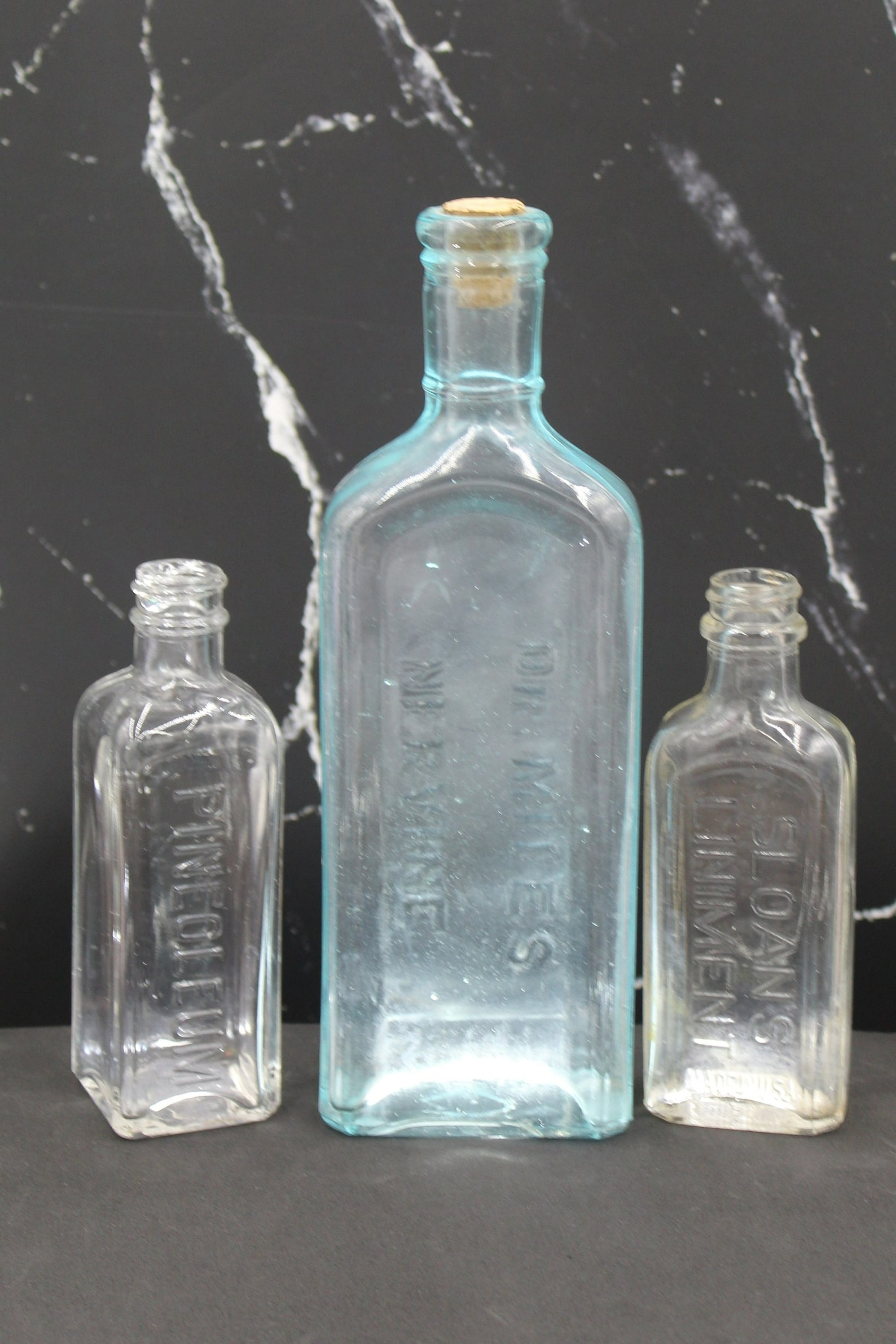ANTIQUE MEDICINE BOTTLES, Your Choice From 3, Aqua or Clear Embossed ...