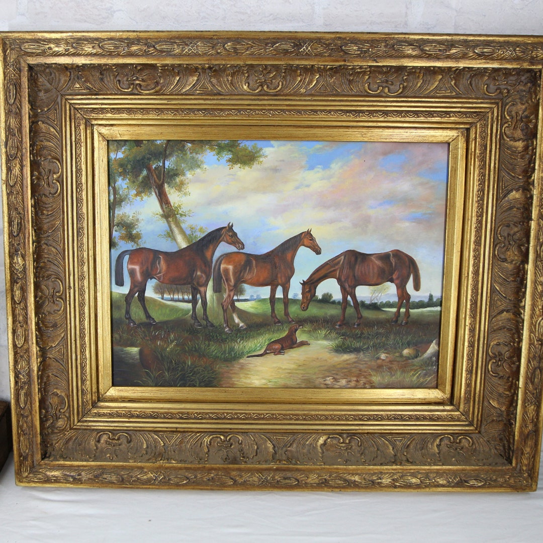 VINTAGE GILT FRAMED Oleograph of Horses With Dog Circa 1930's Large and ...