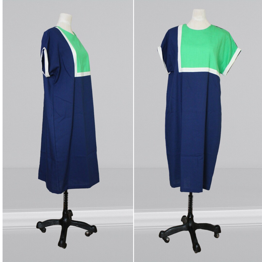 1980's COLORBLOCK LINEN DRESS Blue Green Spring Summer Lightweight ...