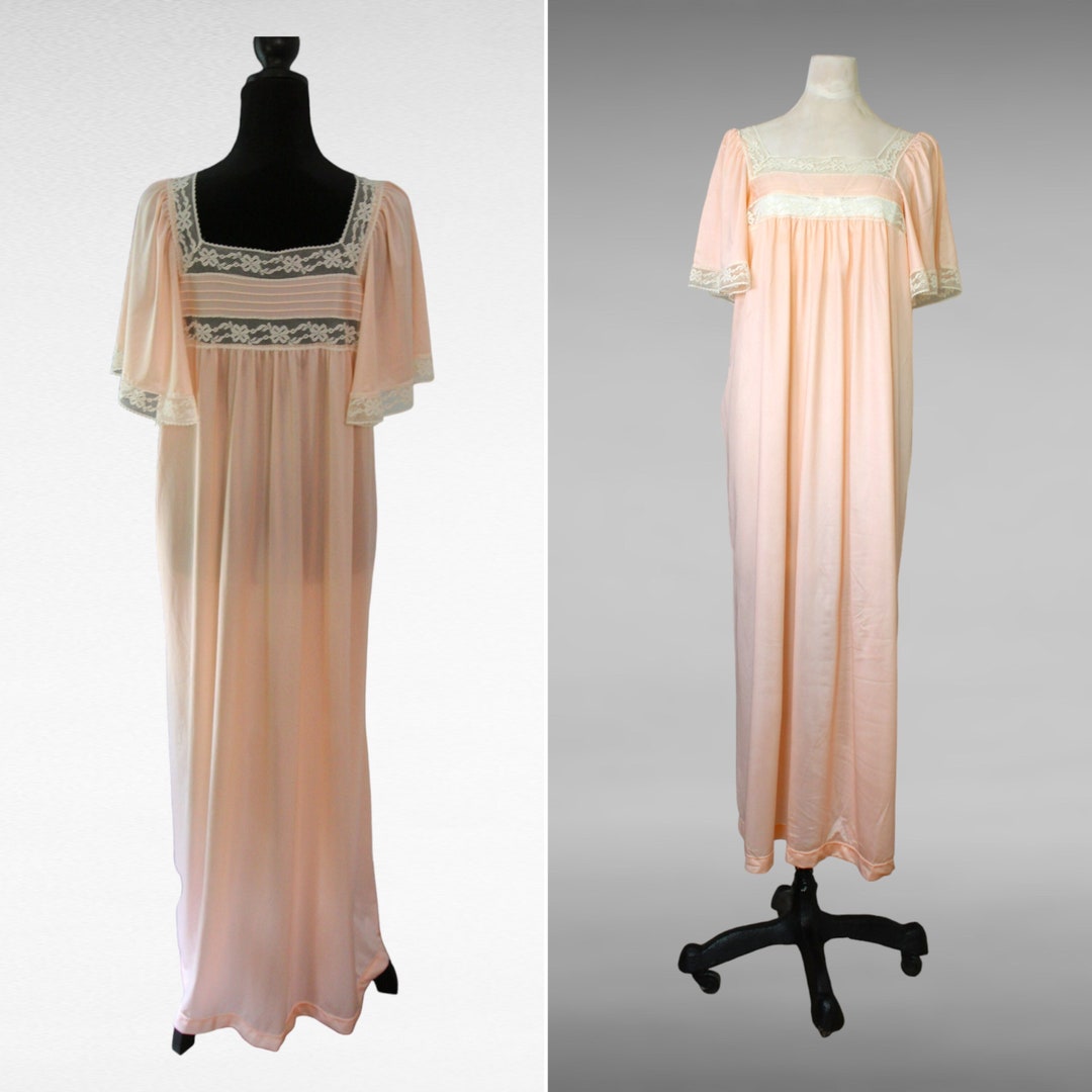 1980's PEACH NIGHTGOWN, Vintage Lace and Nylon Bell Sleeve Sleepwear ...