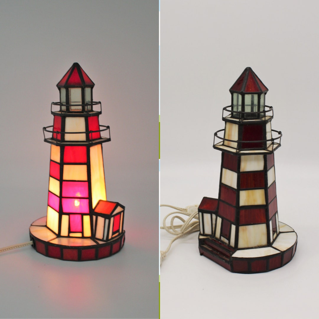 STAINED GLASS LIGHTHOUSE Lamp Red Slag Glass Light, Leaded Glass ...