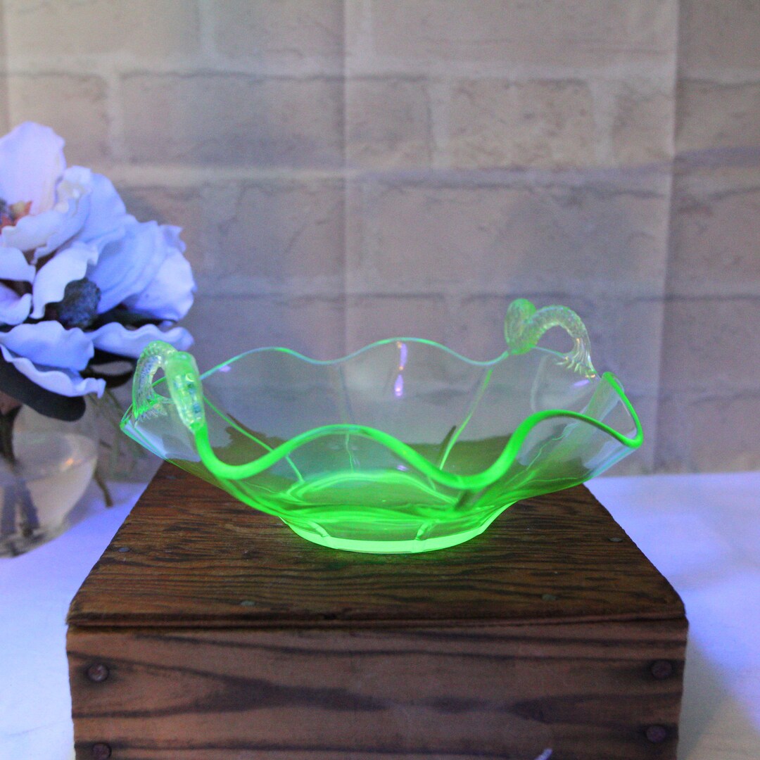 URANIUM GLASS BOWL Koi Fish Handles Circa 1920 by Fenton Large Glow ...