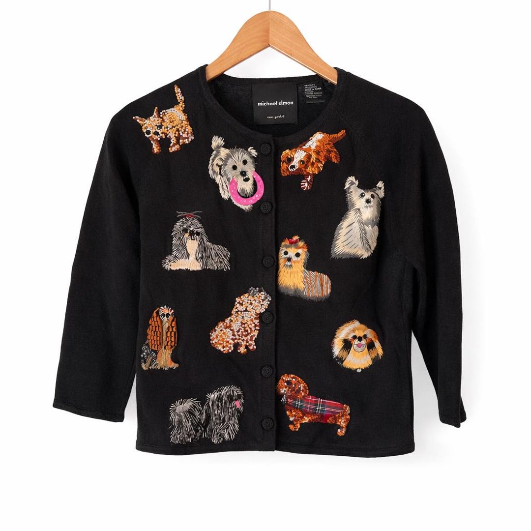 Vintage Michael Simon Dog Sweater| Size Small | Black Cardigan With ...