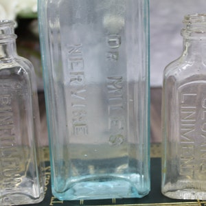 ANTIQUE MEDICINE BOTTLES, Your Choice From 3, Aqua or Clear Embossed ...