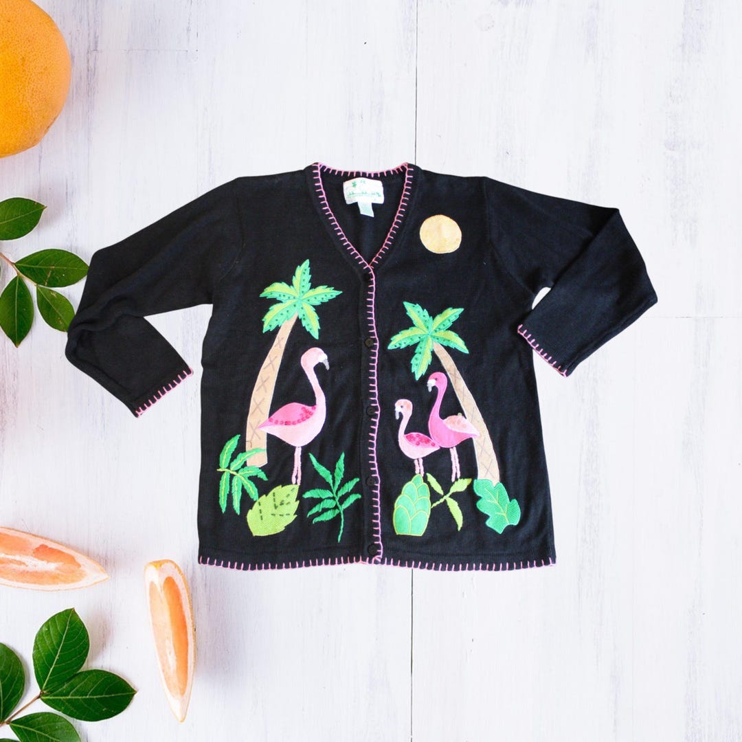 1990s SEQUINED FLAMINGO SWEATER | Size Medium| Cardigan Sweater |pink ...