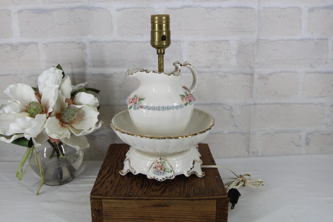 1950's PITCHER and BOWL LAMP Unique Buffet Lighting 70's Ceramic Floral ...