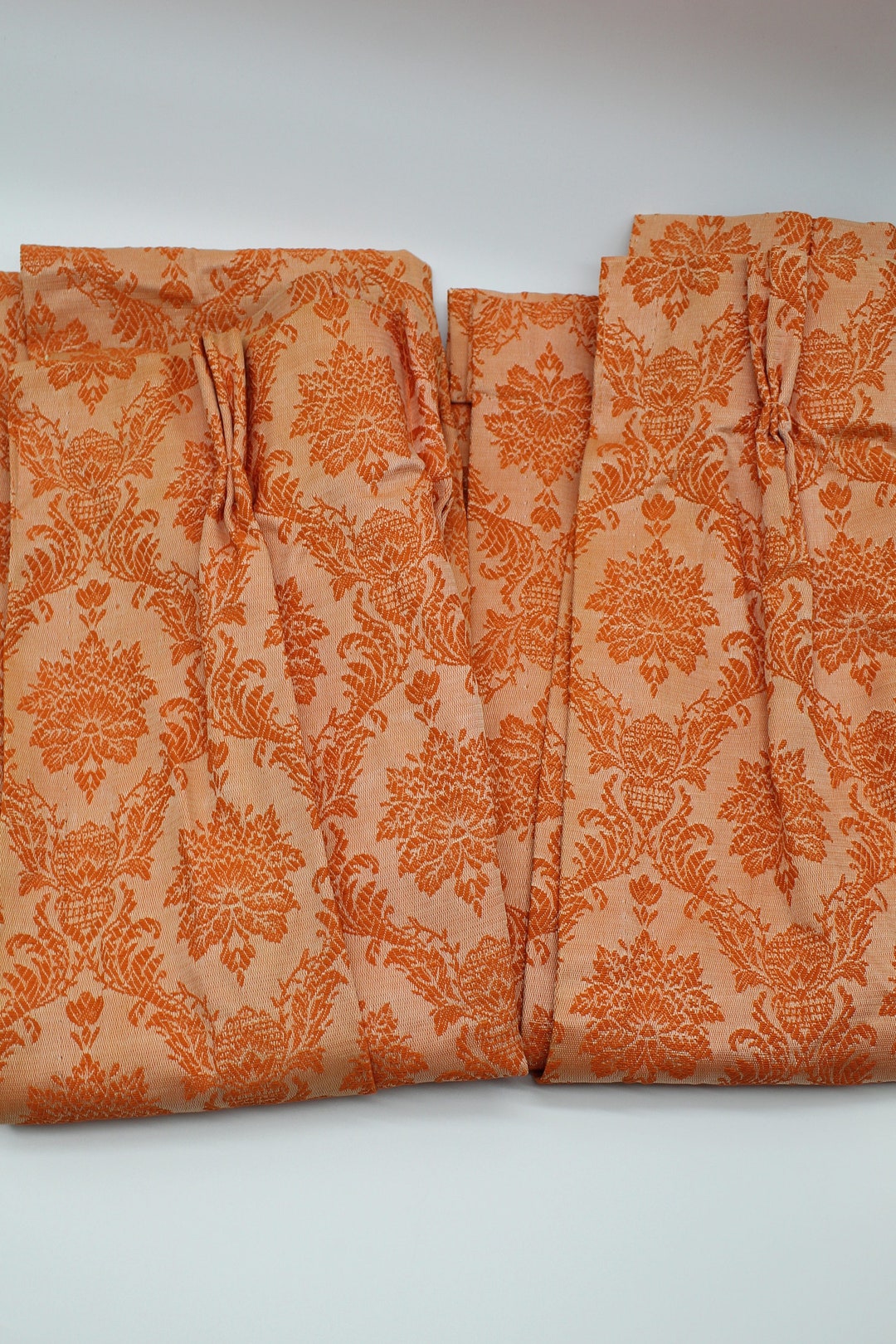 1970s ORANGE BROCADE DRAPES Long Curtains Mid Century Orange Hollywood ...