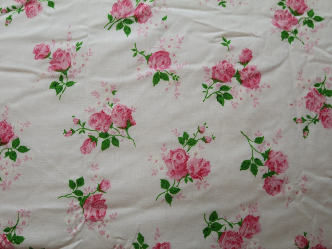 1960's PINK ROSES FITTED Sheet Vintage Full Size Bedding, Mid Century ...