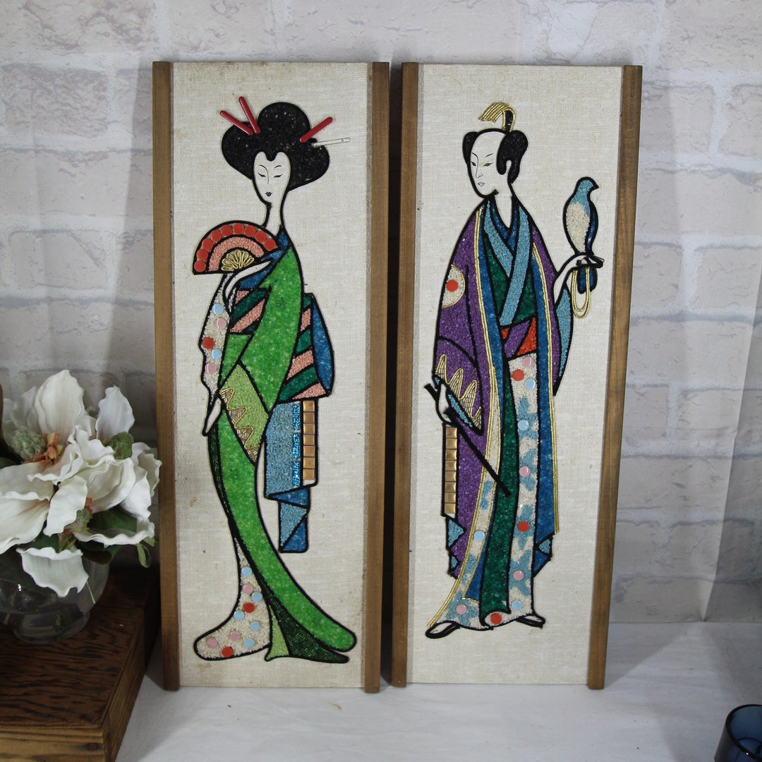 1970's ASIAN PEBBLE ART Vintage Mid Century Gravel Art, Vibrant ...