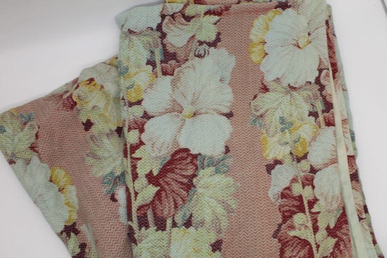 1940s Floral Barkcloth Curtain Panel: Turquoise, Pink Large Drape | 87 ...