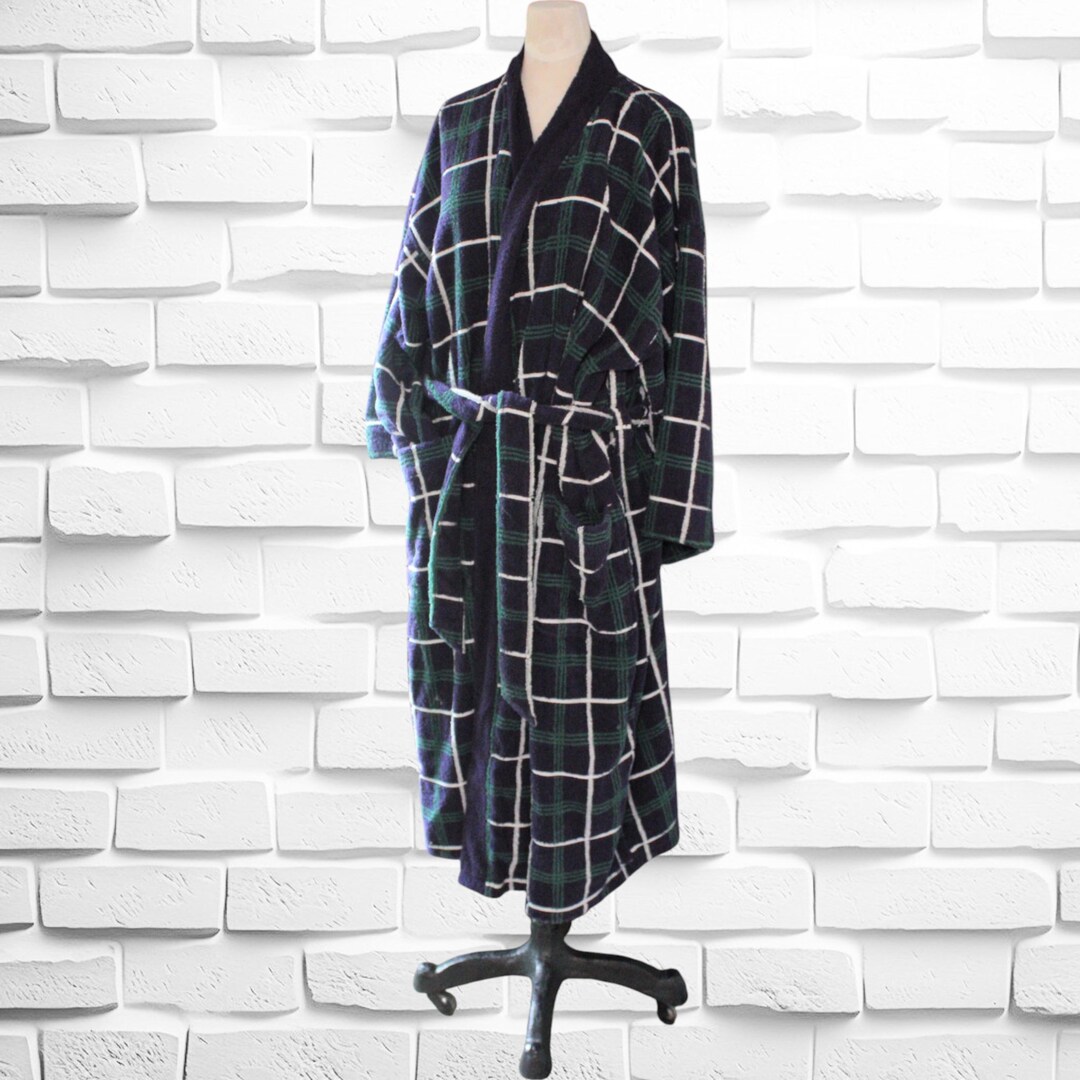 Vintage 1990's MEN'S TERRY BATHROBE Nautica Green Blue Plaid Bathrobe ...
