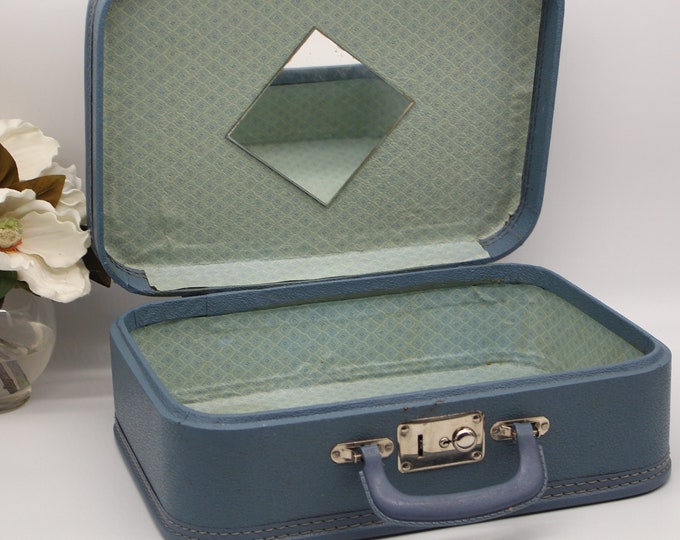VINTAGE TRAIN CASE Blue and Silver Travel Bag With Mirror 1960's Small ...