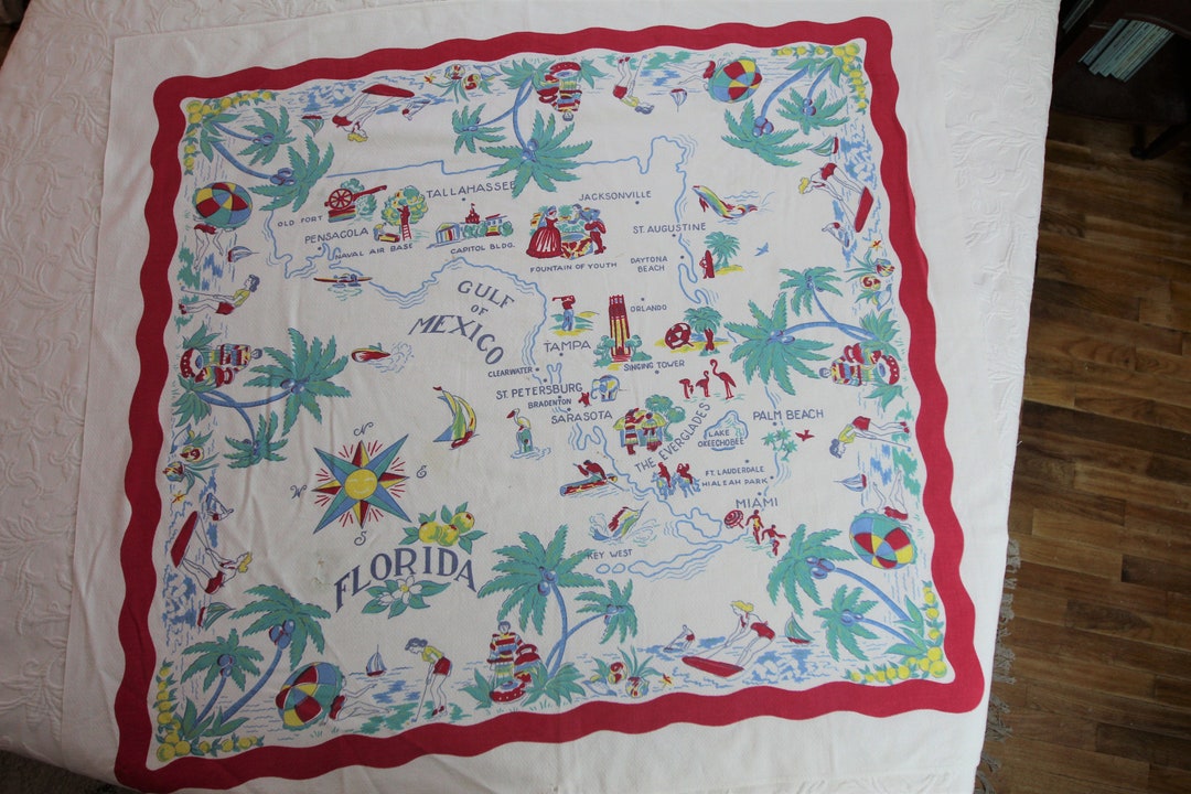 VINTAGE FLORIDA SOUVENIR Tablecloth, Gulf of Mexico Flamingos Naval Air ...