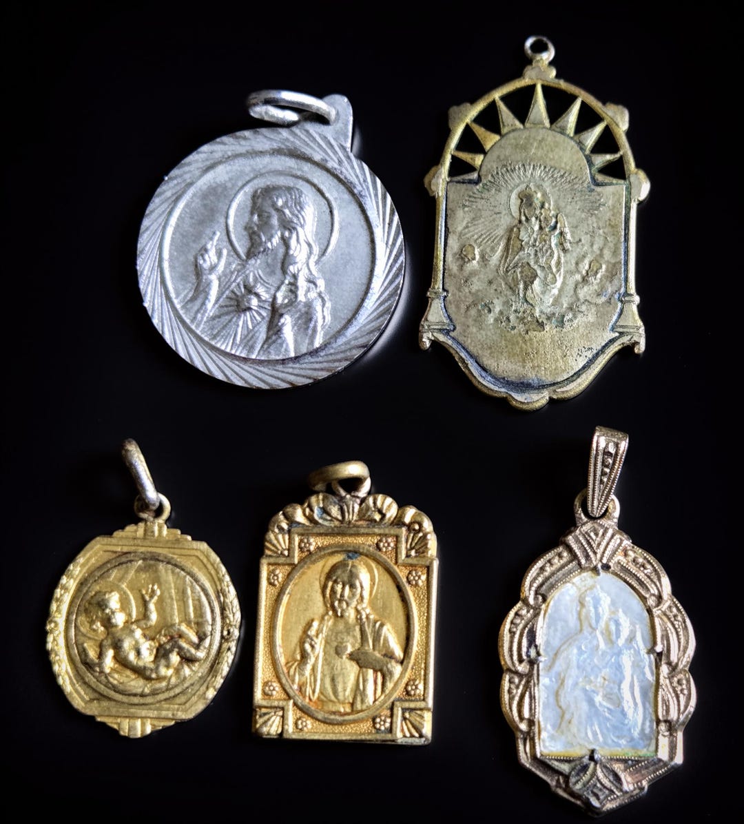Antique Bronze Religious Medals Lot - Set of 5 Catholic Pendants Circa ...