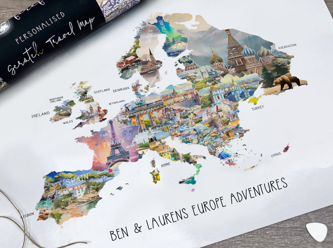Personalised Scratch off Map Hand Drawn Watercolour Atlas - EUROPE ...