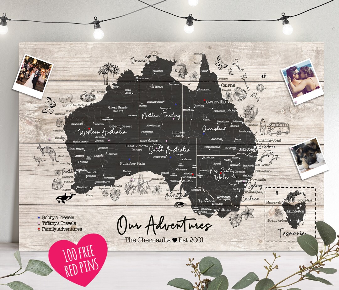 Personalised MAP OF AUSTRALIA Travel Push Pin Map Detailed With Animals ...