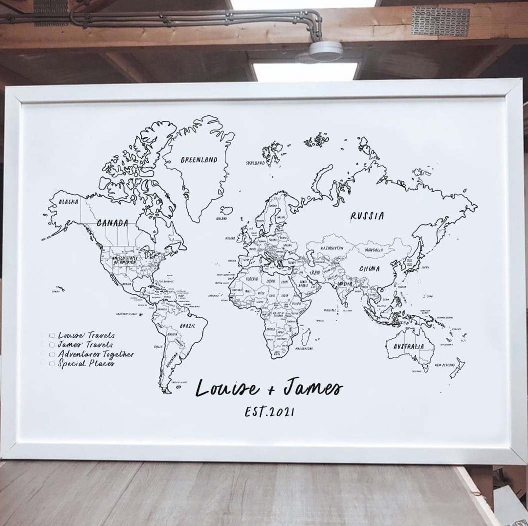 Hand Drawn Personalised World Travel Push Pin Map Framed - Etsy UK
