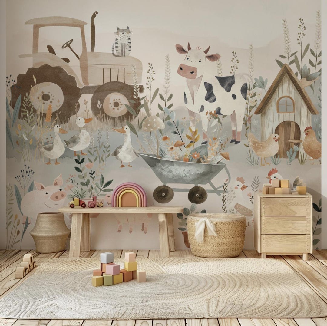 Farm Animals / Duck Cow Pig Tractor Neutral Drawn Floral Wall Mural ...