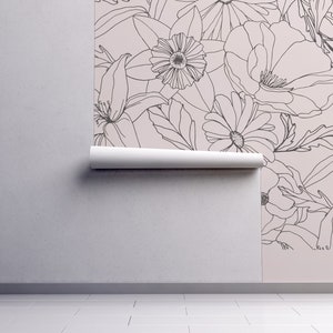 Boho Neutral Drawn Floral Wall Mural - Peel and Stick or Traditional ...