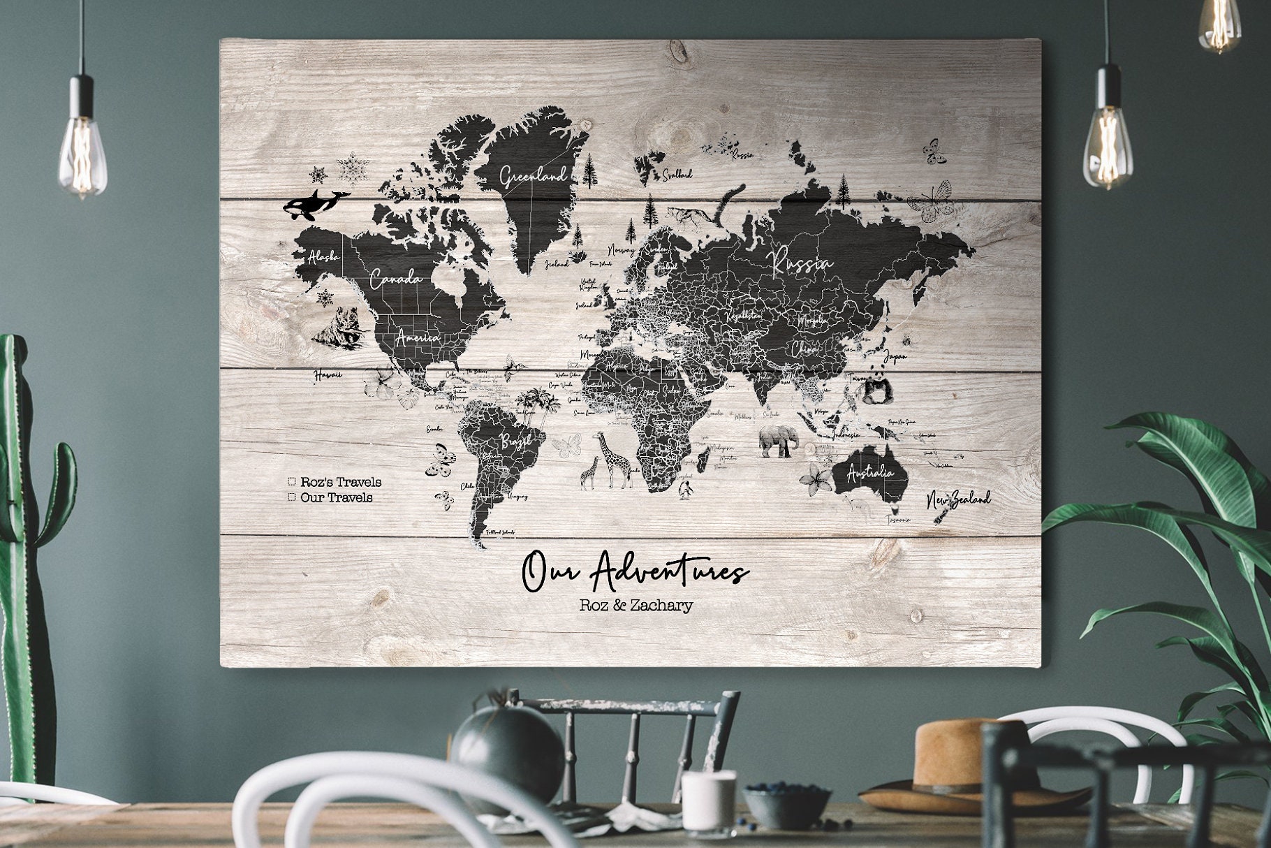 Personalised World Travel Push Pin Map - Wood Effect + Colour Options ...