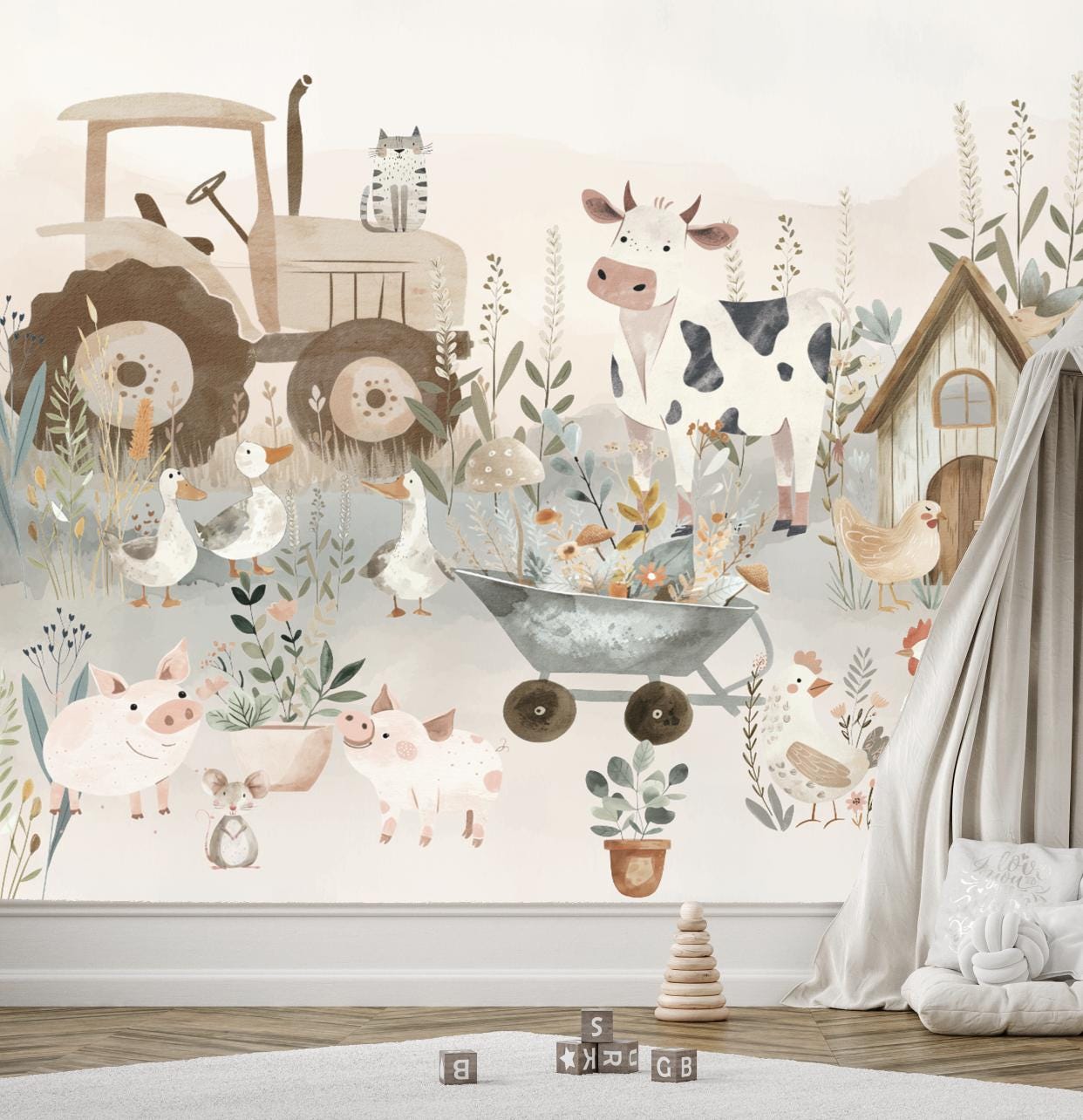 Farm Animals / Duck Cow Pig Tractor Neutral Drawn Floral Wall Mural ...