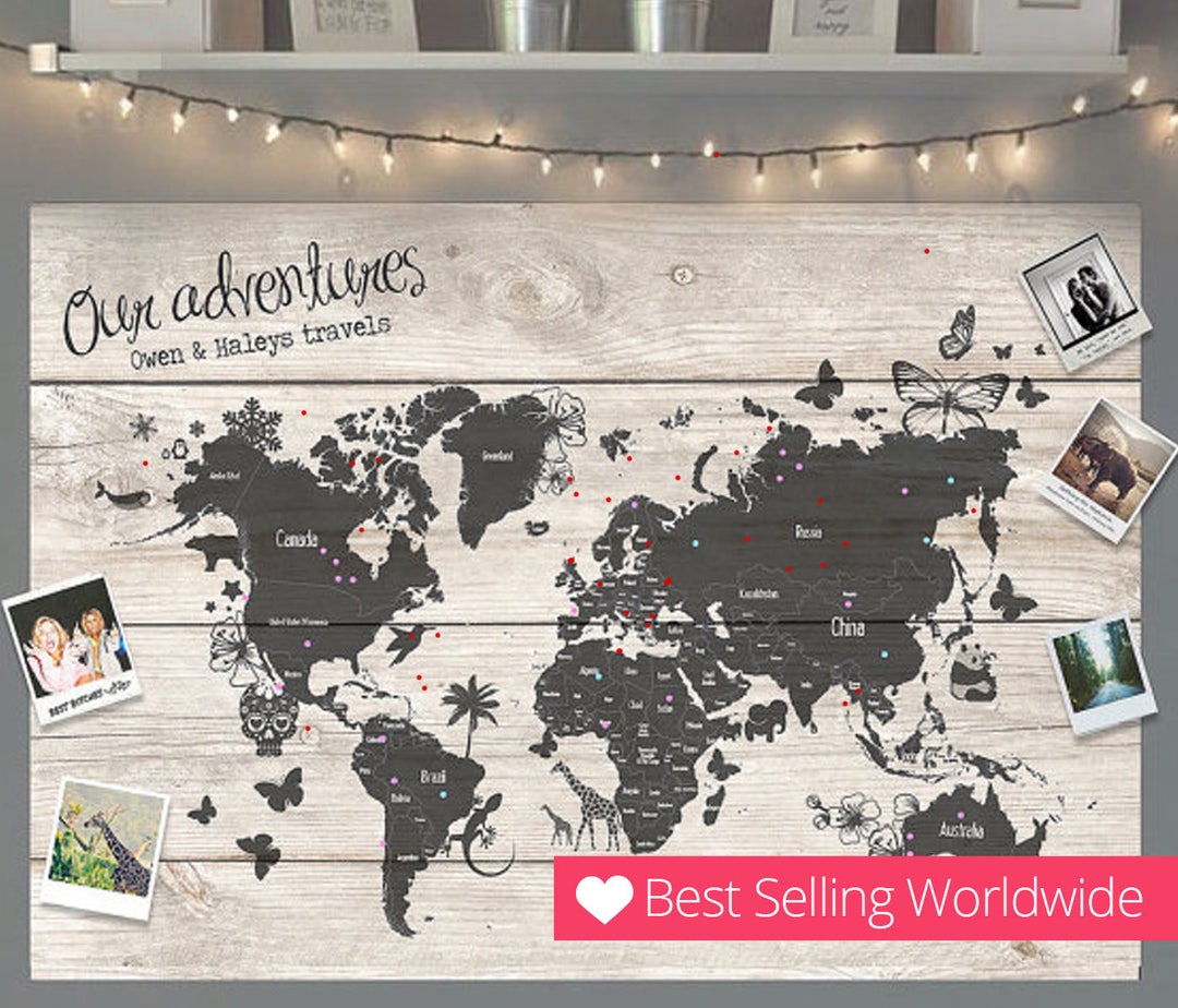 Personalised World Travel Push Pin Map - Wood Effect + Colour Options ...