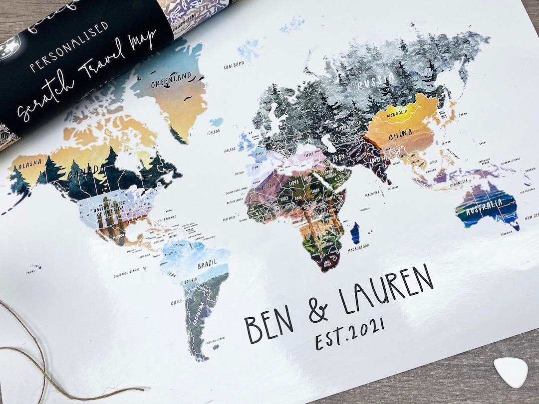 Personalised Scratch off Map Hand Drawn Watercolour World Atlas - Etsy UK