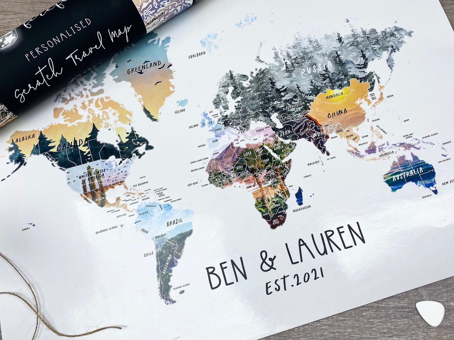 Personalised Scratch off Map Hand Drawn Watercolour World - Etsy UK