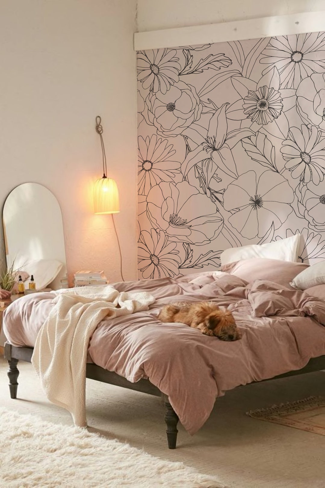 Boho Neutral Drawn Floral Wall Mural - Peel and Stick or Traditional ...
