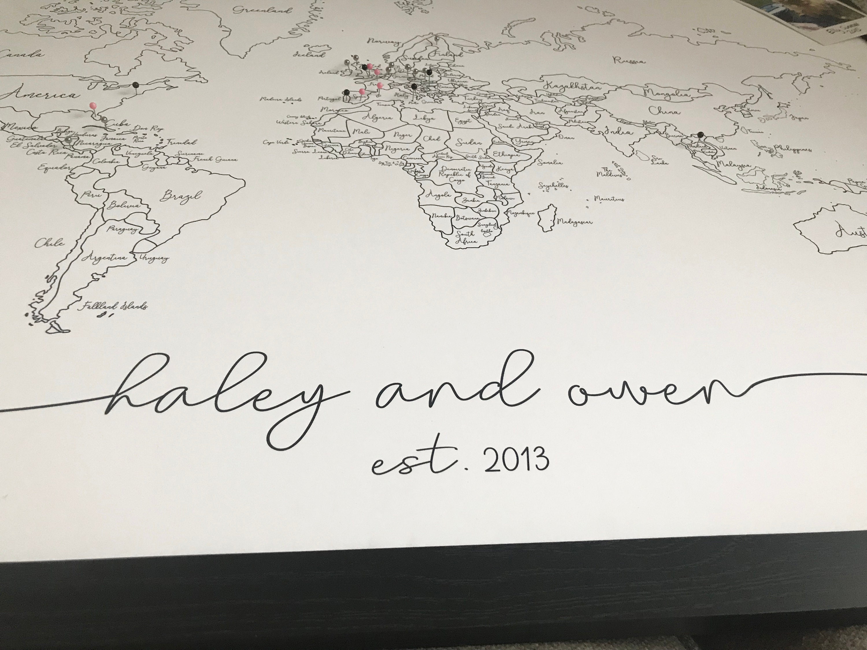 Personalised World Travel Push Pin Map Framed 100 FREE | Etsy UK