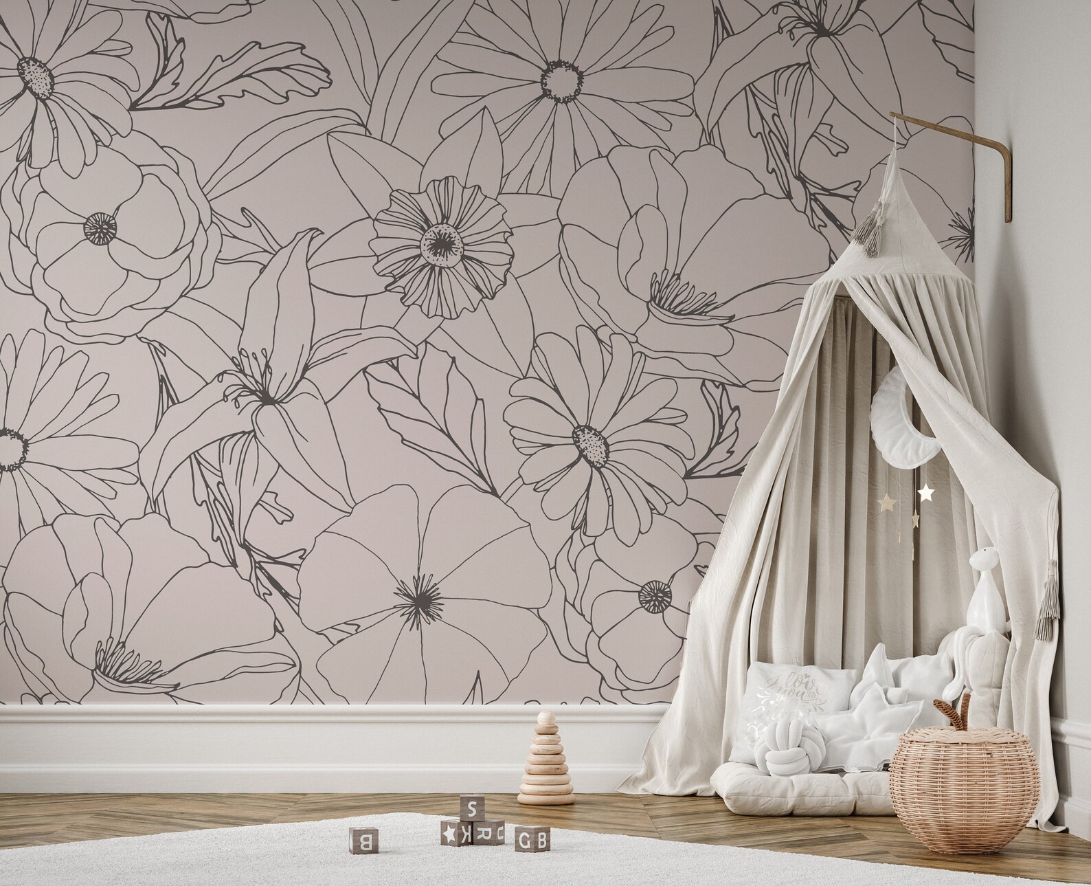 Boho Neutral Drawn Floral Wall Mural - Peel and Stick or Traditional ...