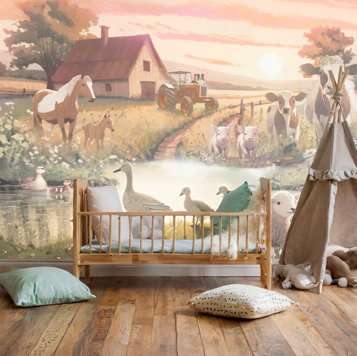 Farm Animals / Duck Cow Pig Tractor Neutral Drawn Floral Wall Mural ...