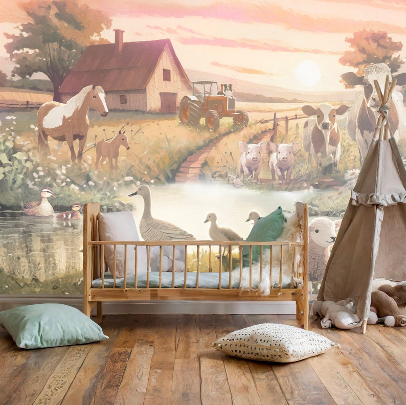 Farm Animals / Duck Cow Pig Tractor Neutral Drawn Floral Wall Mural ...