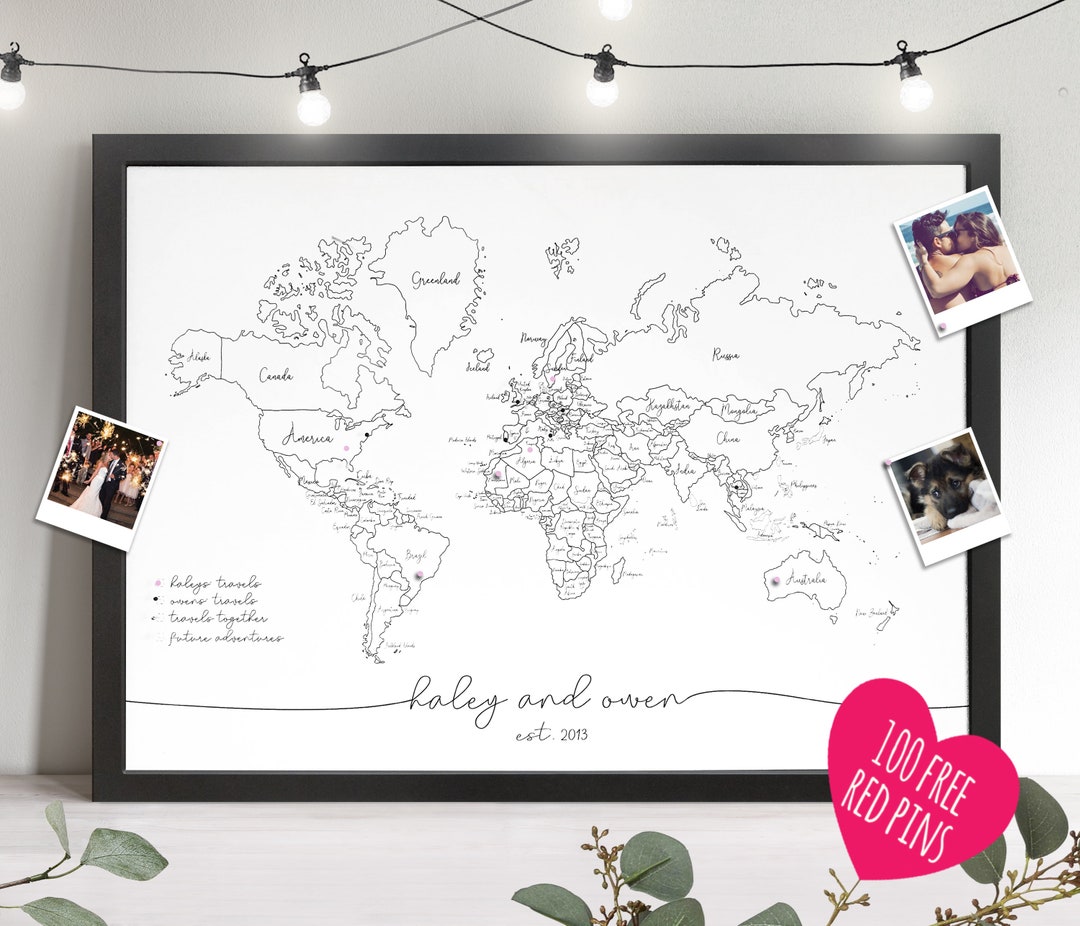 Personalised World Travel Push Pin Map Framed 100 FREE Pins - Etsy UK