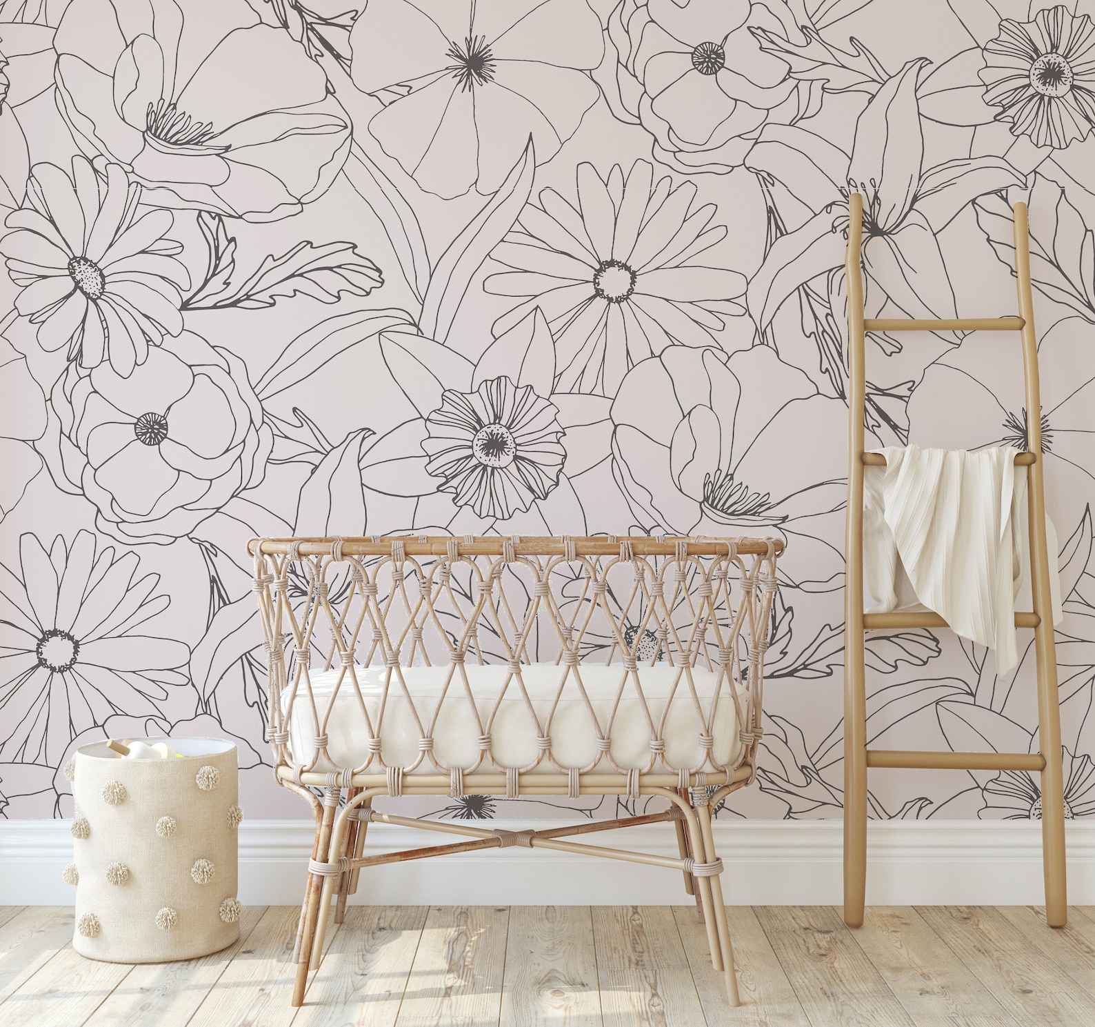 Boho Neutral Drawn Floral Wall Mural - Peel and Stick or Traditional ...