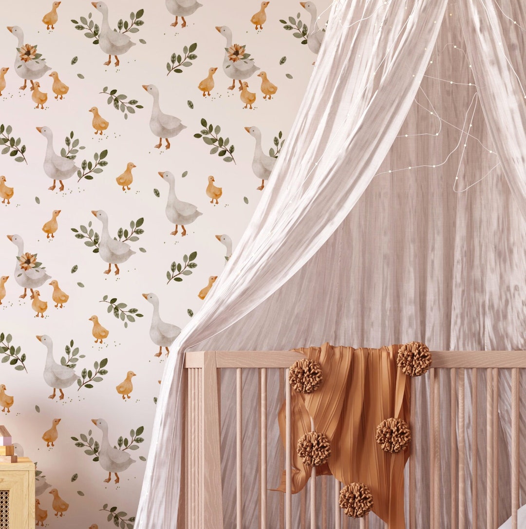 Farm Animals / Ducks and Ducklings Neutral Drawn Floral Wall Mural ...